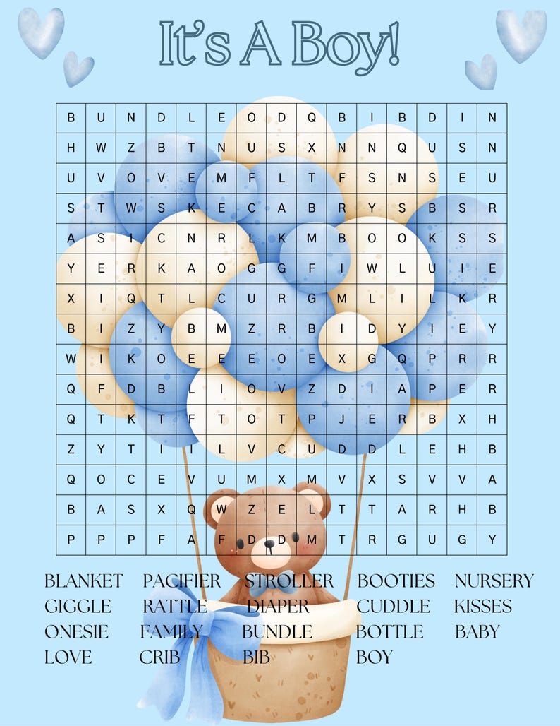 It's A Boy Baby Shower Word Search – Printable Teddy Bear Game (digital ...