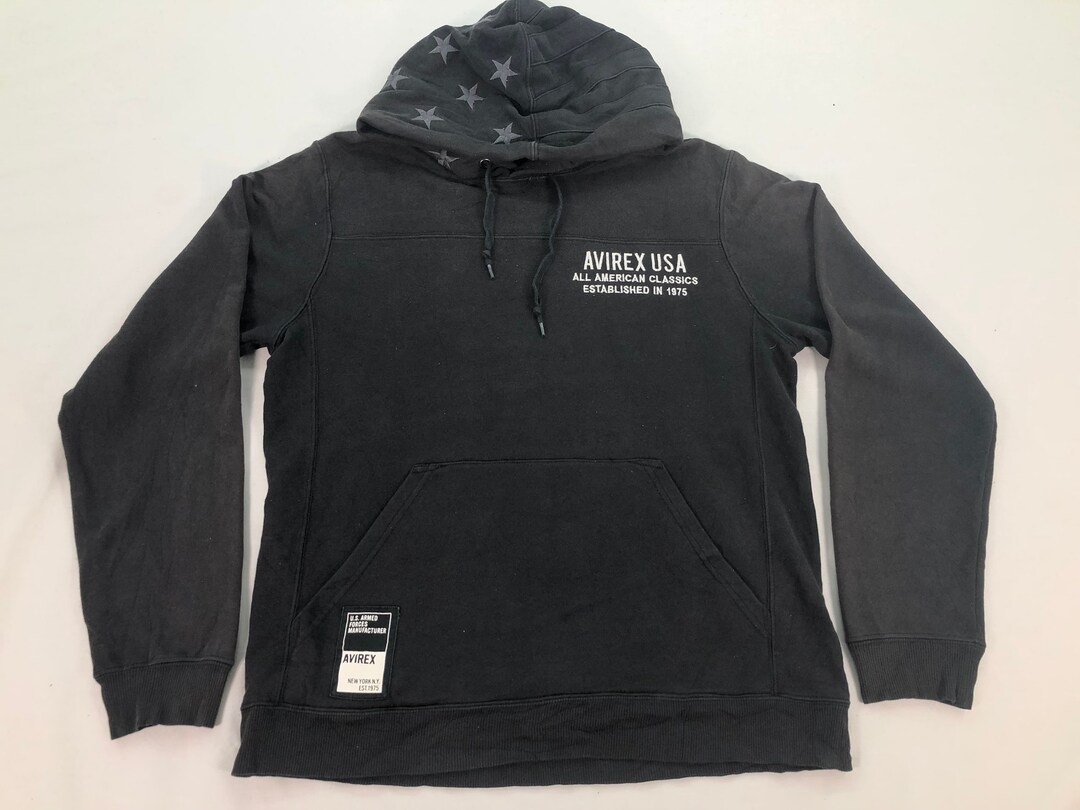 Vintage Avirex Black Hoodie Sweatshirt Embroidered Stars Logo Sweater ...