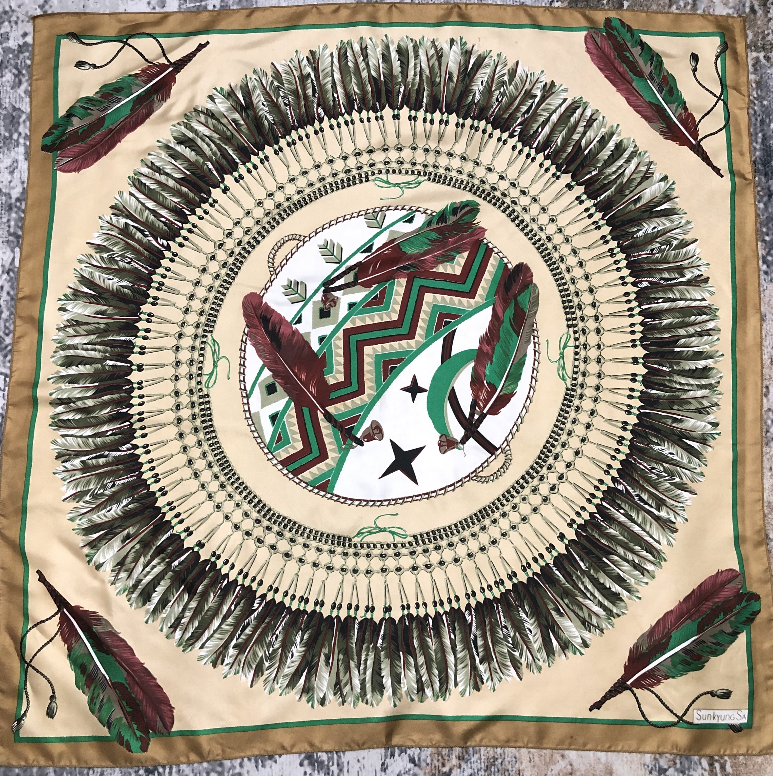 Vintage Sun Kyung Sa Feathers Pattern Silk Scarf Shawl Floral Head ...