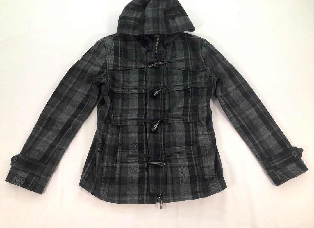 Vintage Tartan Wool Toggle Jacket: Gray Plaid Coat, Size S - Etsy