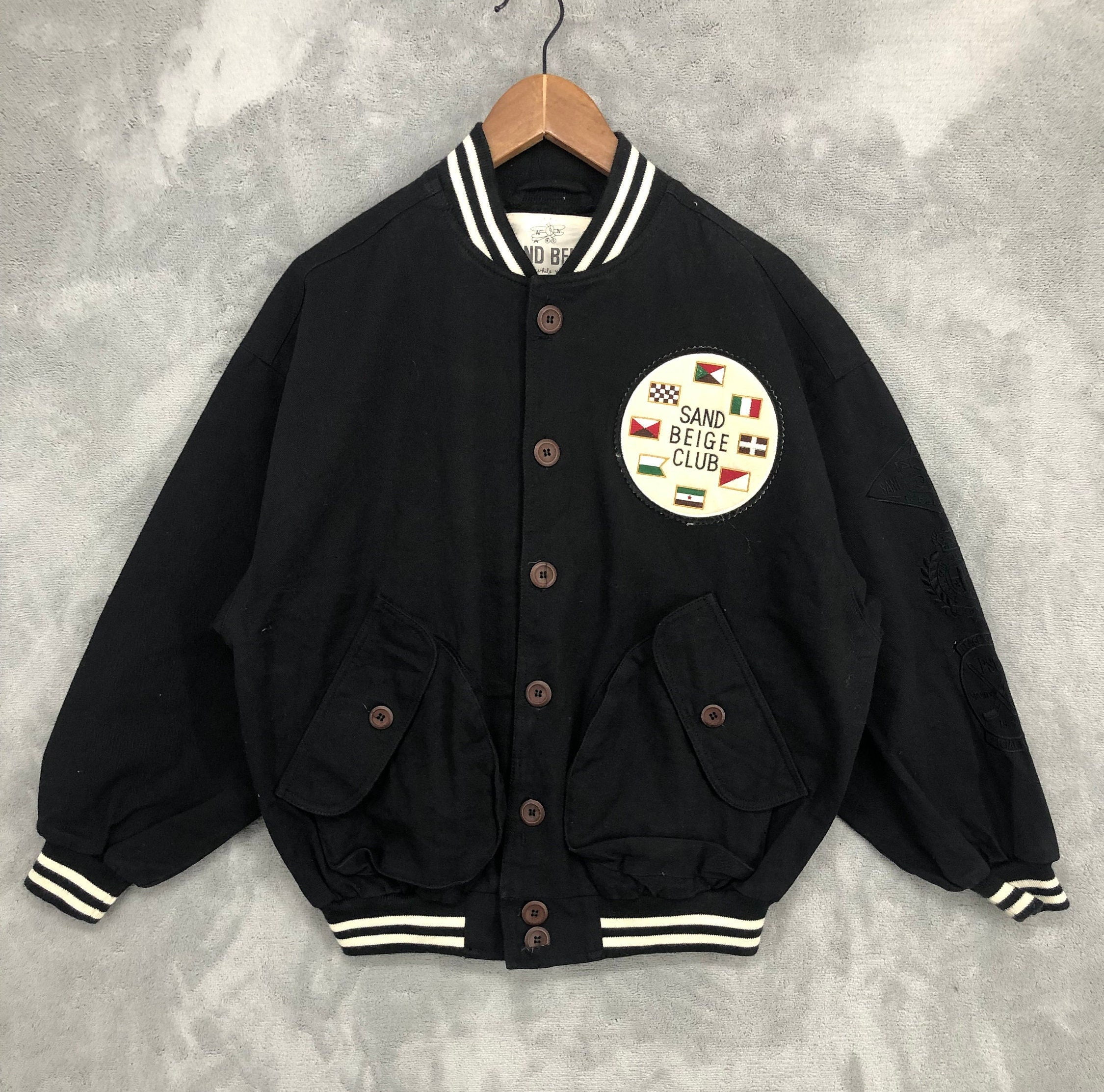 Vintage Varsity Letterman Jacket: Sand Beige & Black Patches (size L ...