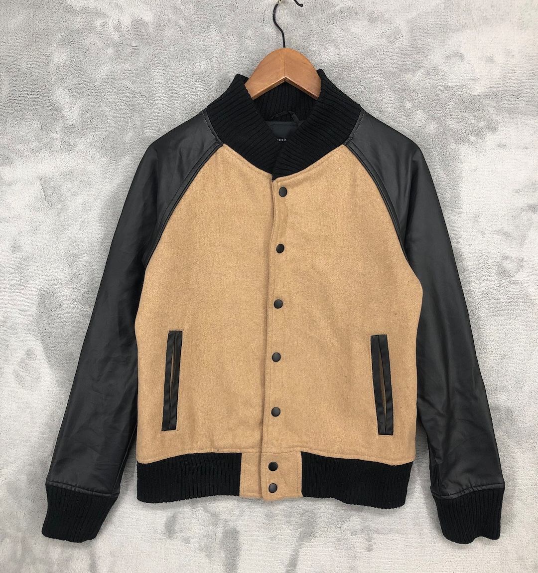 Roshell Wool Leather Varsity Jacket Women Snap Button Jacket Brown Black Varsity Retro Classic ...