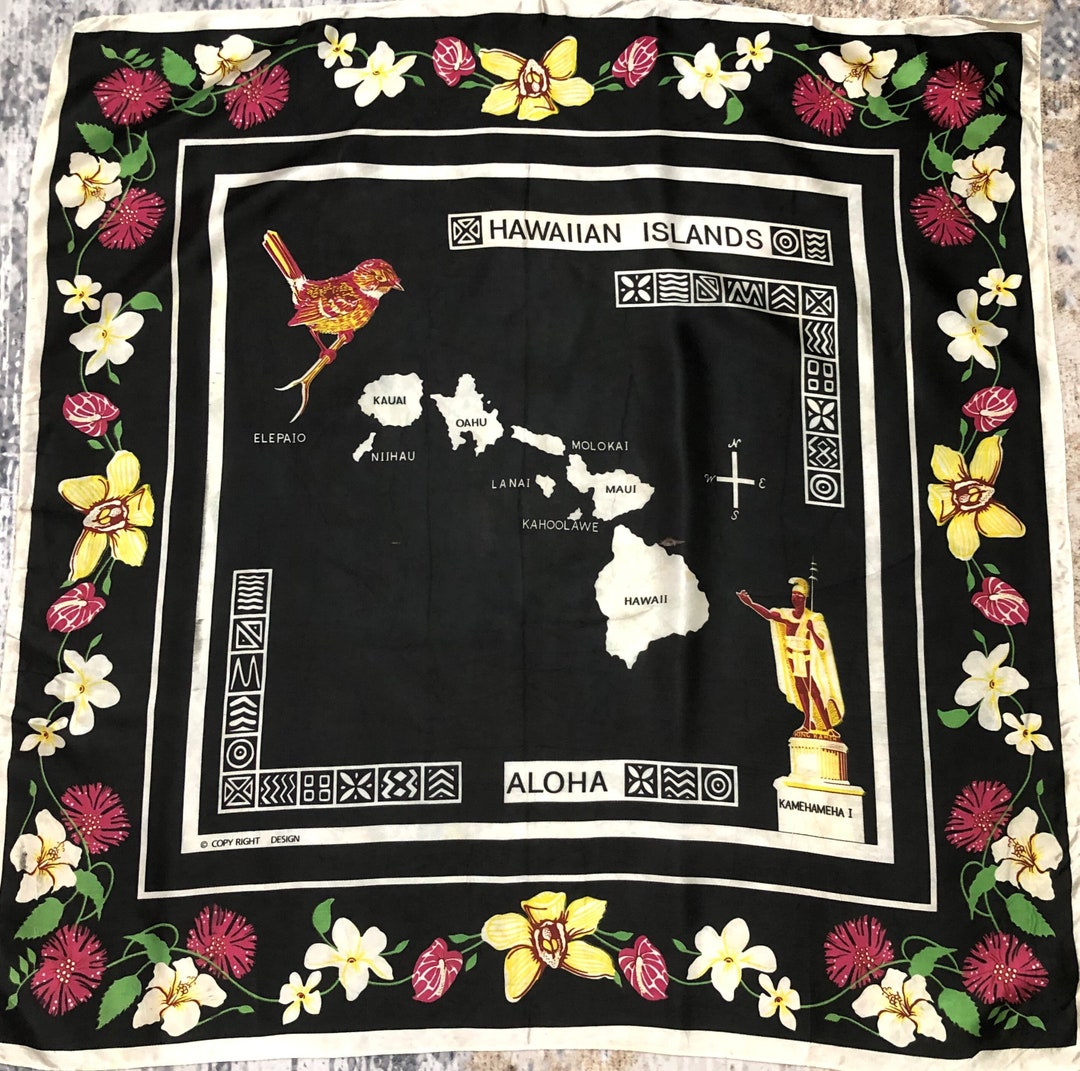 Vintage Aloha Hawaiian Islands Silk Scarf Kamehameha Scarf Square Tiki ...