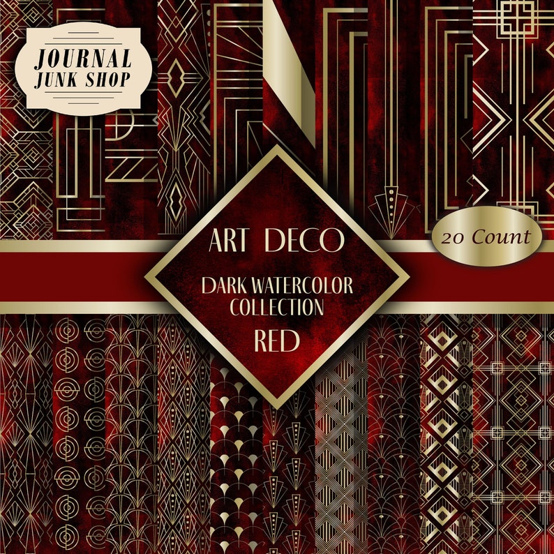 Red- Art Deco Dark Watercolor Collection in Red- Vintage, Gold, 1930's ...