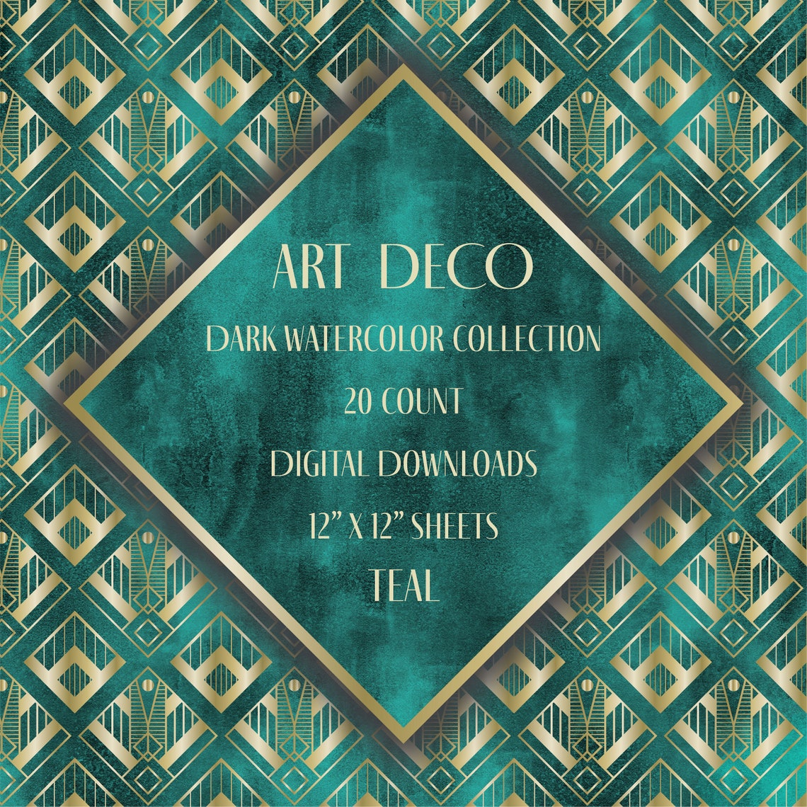 Teal Art Deco Dark Watercolor Collection in Teal Vintage - Etsy