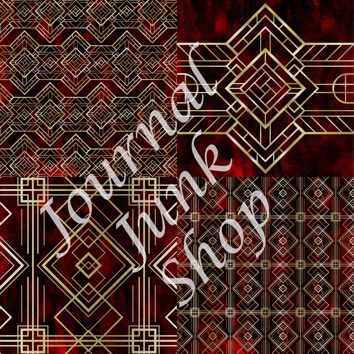 Red- Art Deco Dark Watercolor Collection in Red- Vintage, Gold, 1930's ...