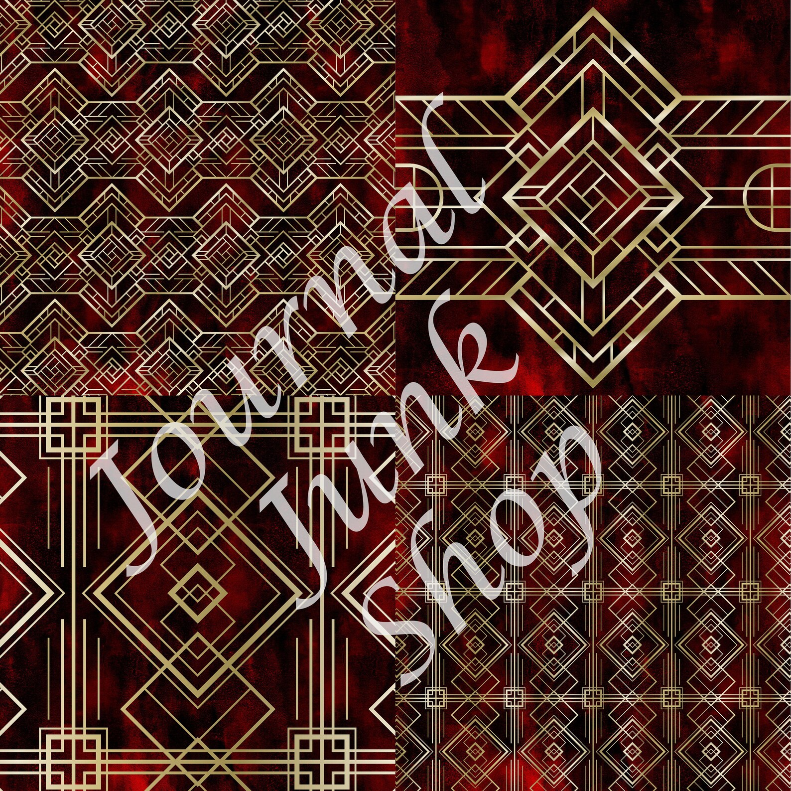 Red- Art Deco Dark Watercolor Collection in Red- Vintage, Gold, 1930's ...