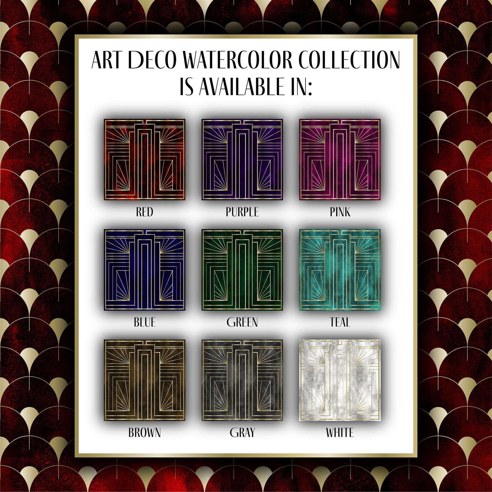 Red Art Deco Dark Watercolor Collection in Red Vintage, Gold, 1930's ...