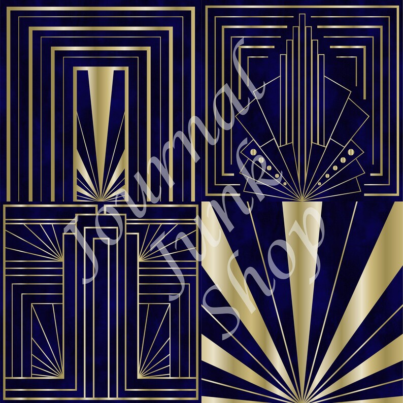Blue- Art Deco Dark Watercolor Collection in Blue- Vintage, Gold, 1930 ...