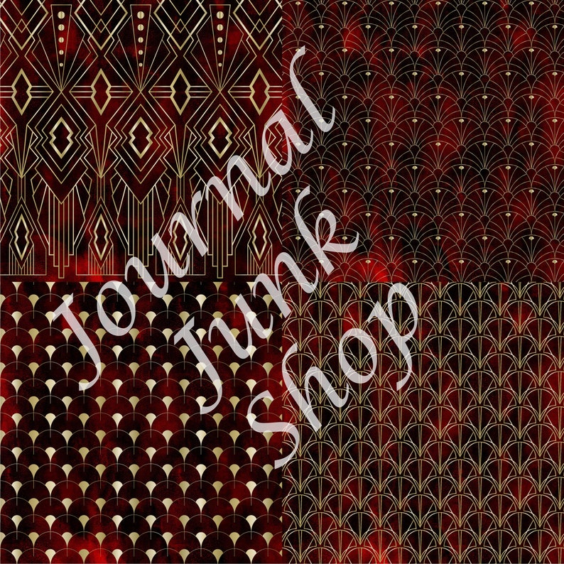 Red- Art Deco Dark Watercolor Collection in Red- Vintage, Gold, 1930's ...