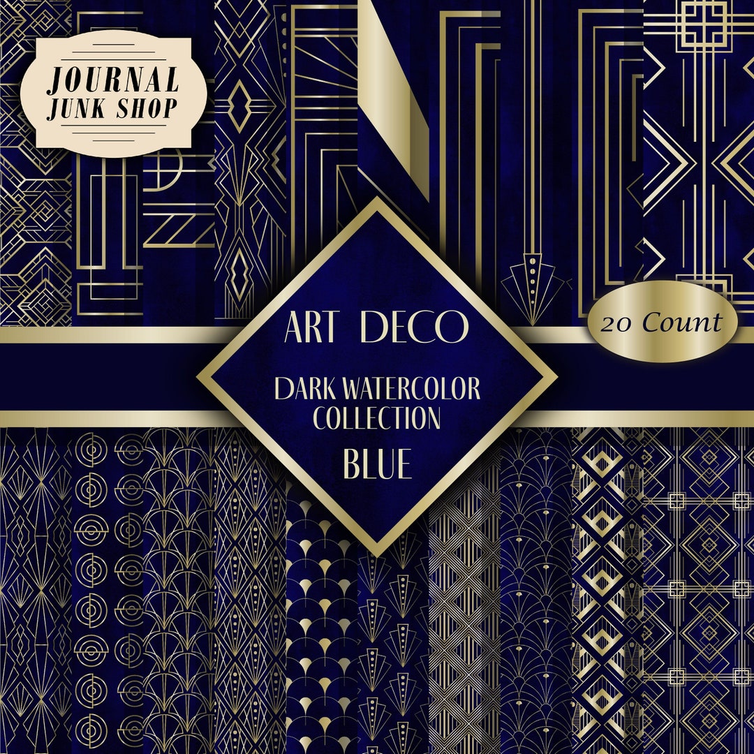 Blue- Art Deco Dark Watercolor Collection in Blue- Vintage, Gold, 1930 ...