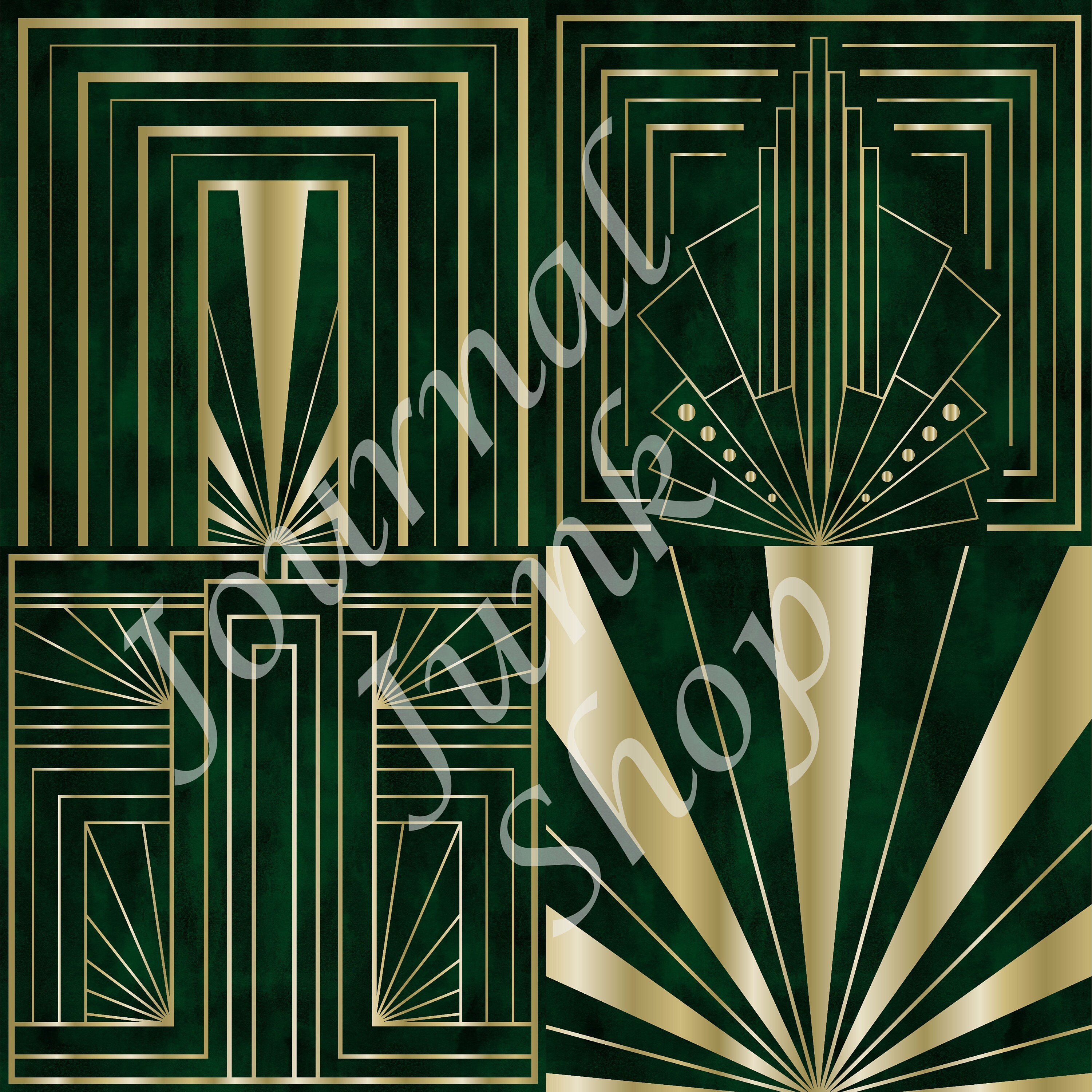 Green- Art Deco Dark Watercolor Collection in Green- Vintage, Gold ...