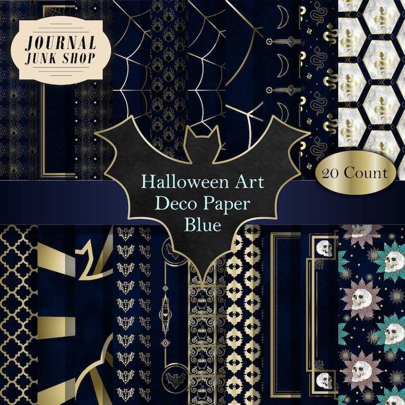 Blue- Art Deco Halloween in Blue- Skulls, Spiders, Snakes, Web, Fall ...