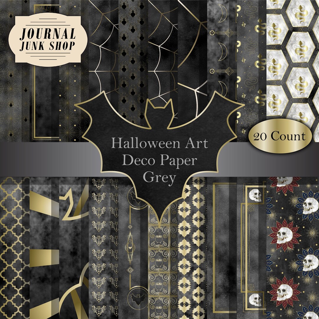 Grey- Art Deco Halloween in Grey- Skulls, Spiders, Snakes, Web, Fall ...