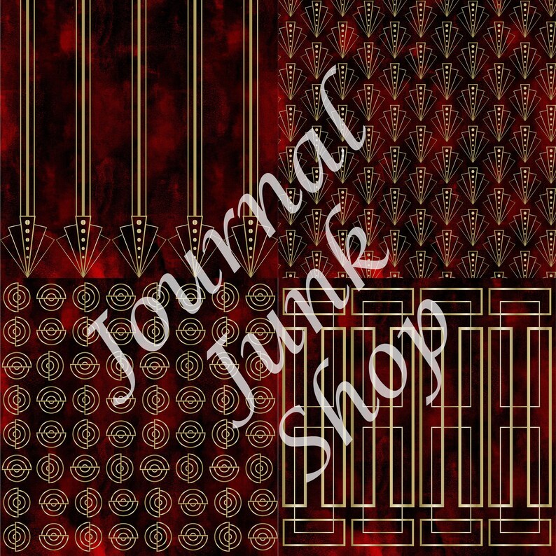 Red- Art Deco Dark Watercolor Collection in Red- Vintage, Gold, 1930's ...