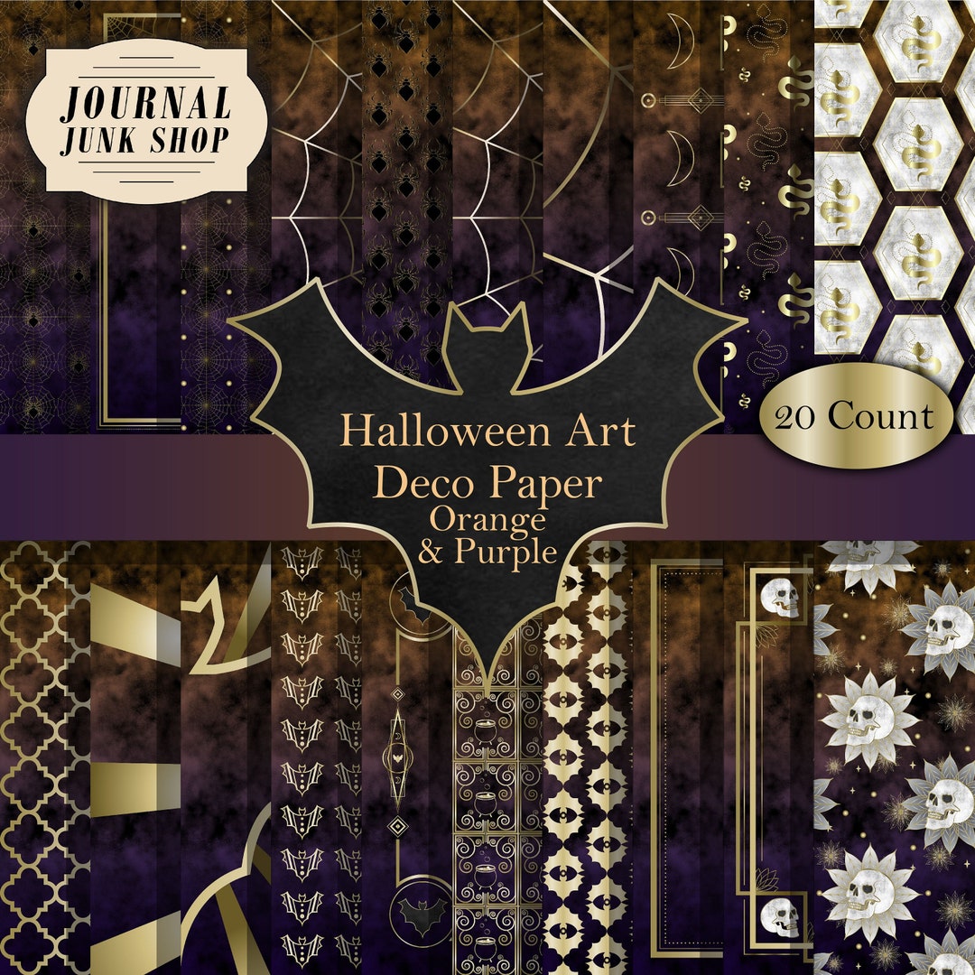 Orange and Purple- Art Deco Halloween in Orange and Purple- Skulls, Web ...