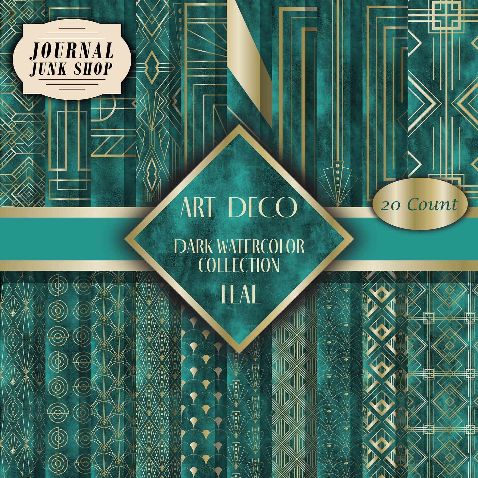Teal Art Deco Dark Watercolor Collection in Teal Vintage - Etsy