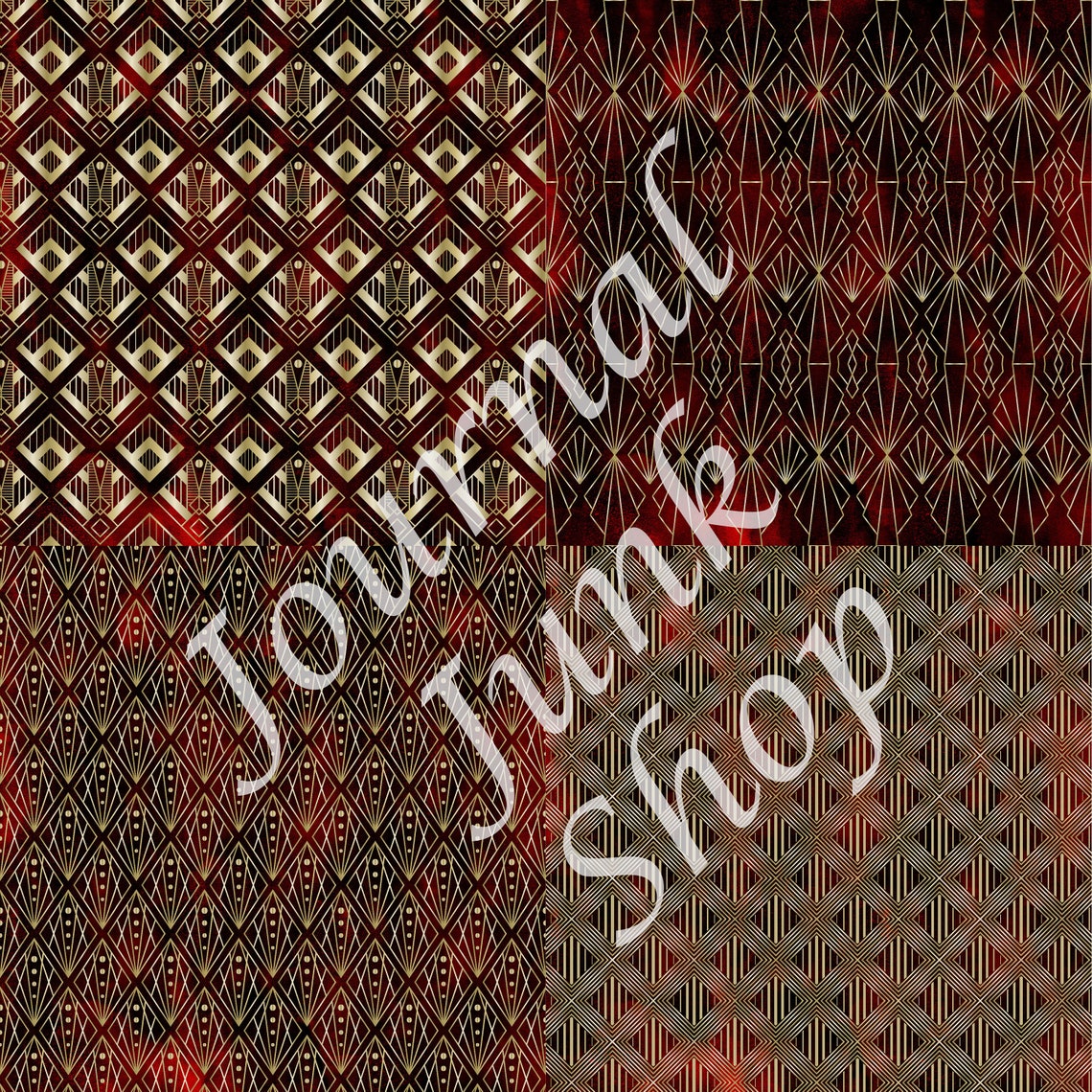 Red- Art Deco Dark Watercolor Collection in Red- Vintage, Gold, 1930's ...