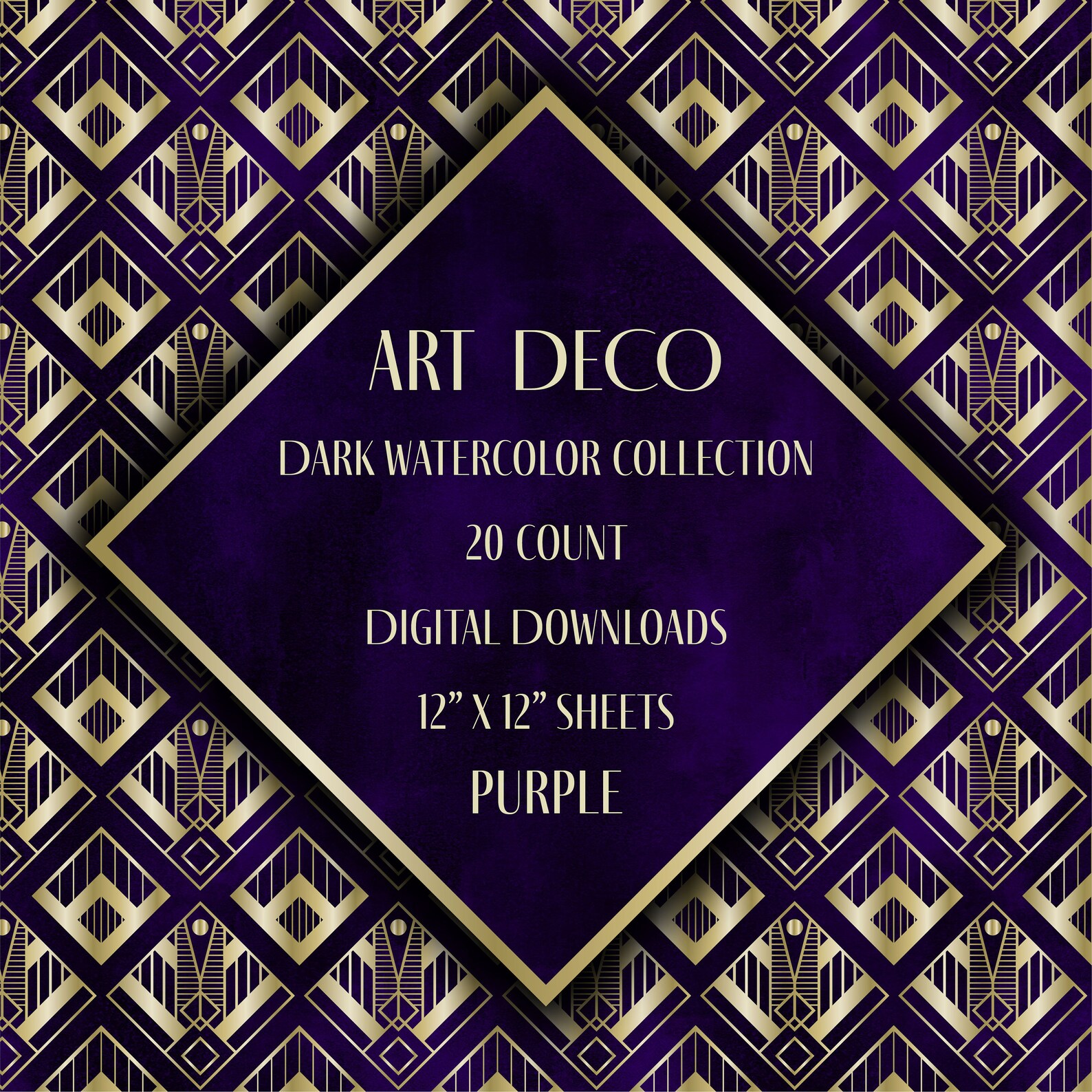 Purple- Art Deco Dark Watercolor Collection in Purple- Vintage, Gold ...