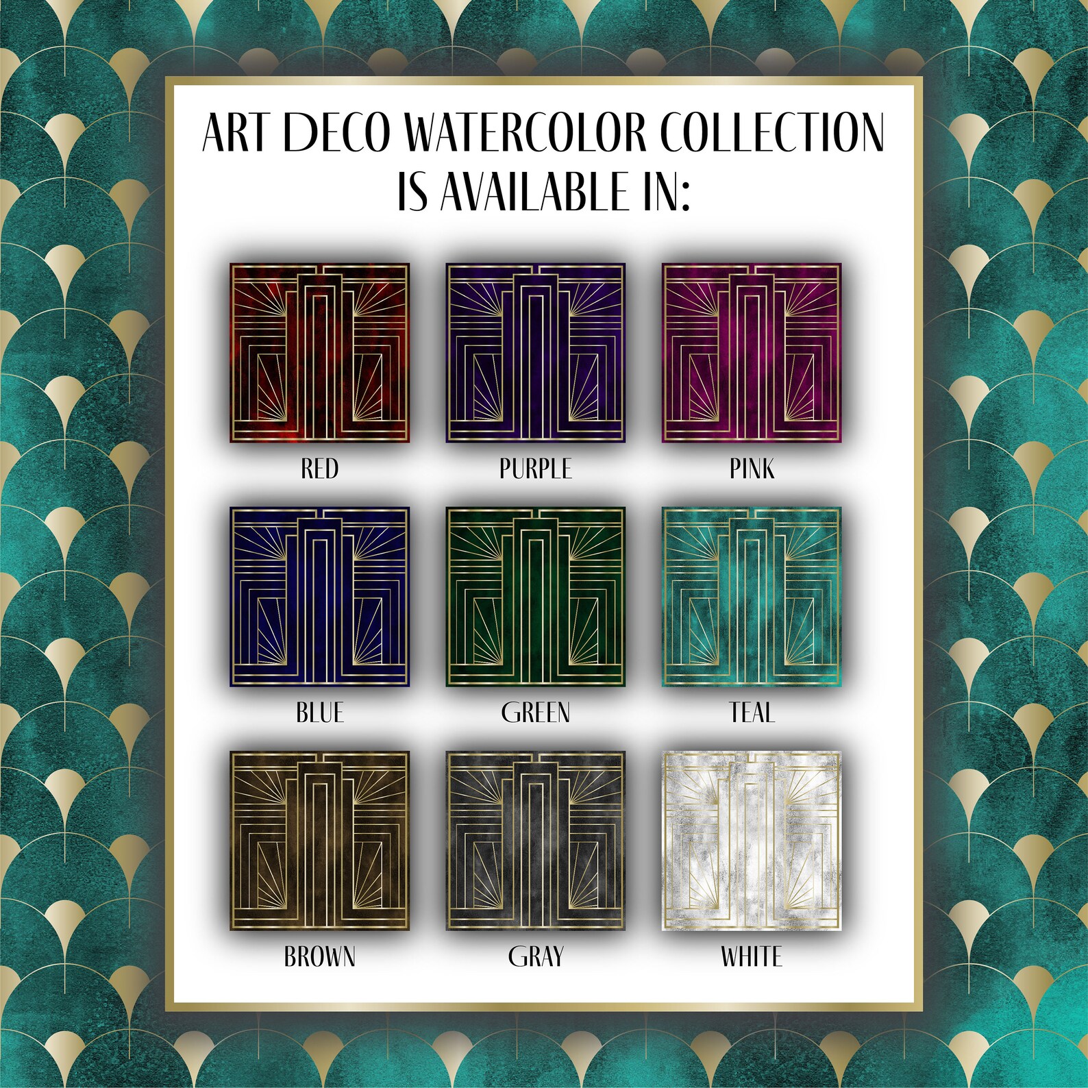 Teal- Art Deco Dark Watercolor Collection in Teal- Vintage, Gold, 1930 ...