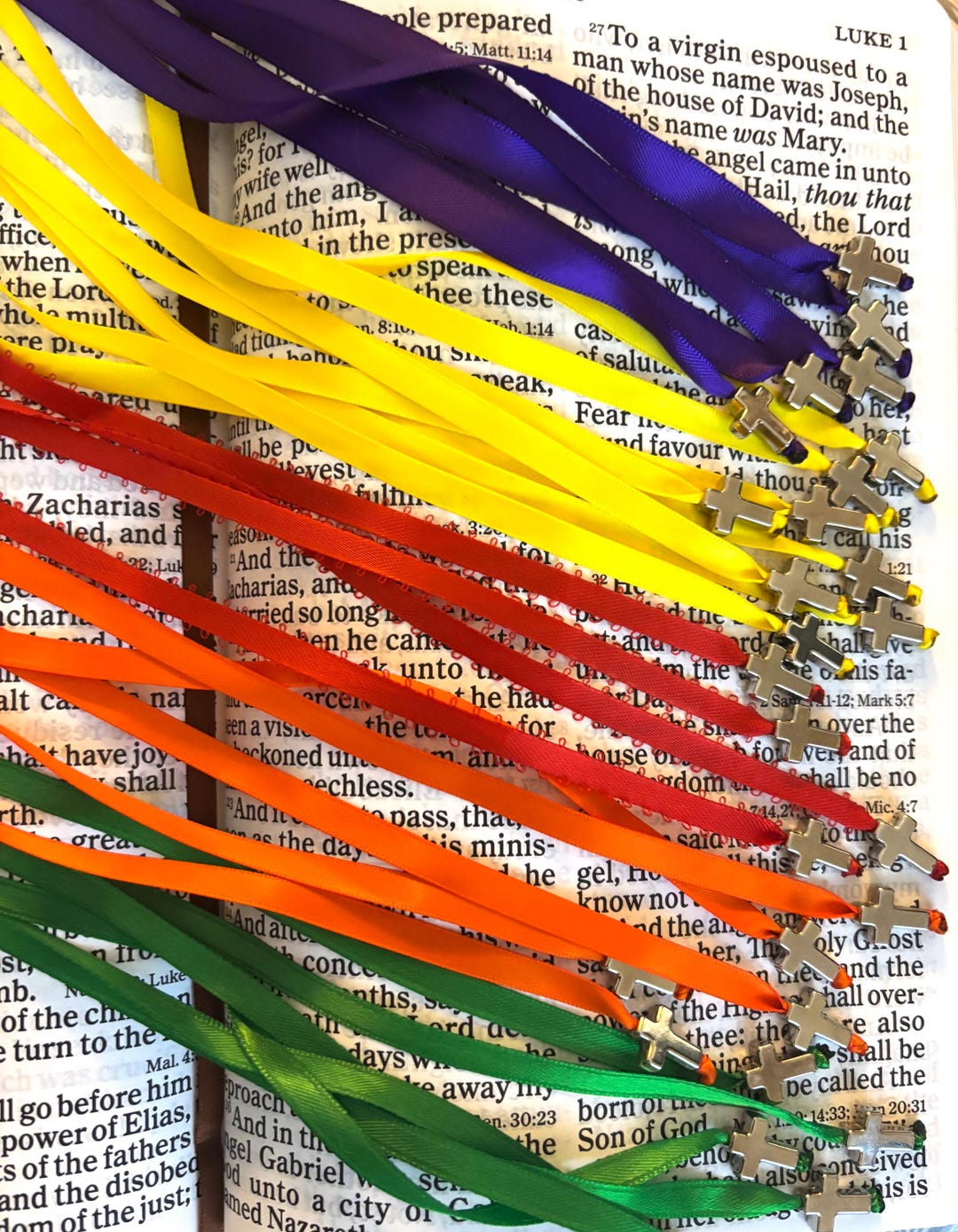 Bookmarks SET OF 3: Single Long Satin Ribbon and Cross Charm, Bible ...