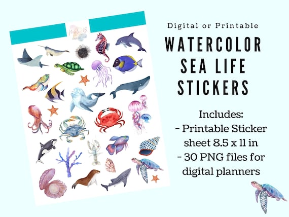 Watercolor Sea Life Stickers Digital or Printable Sheets for | Etsy