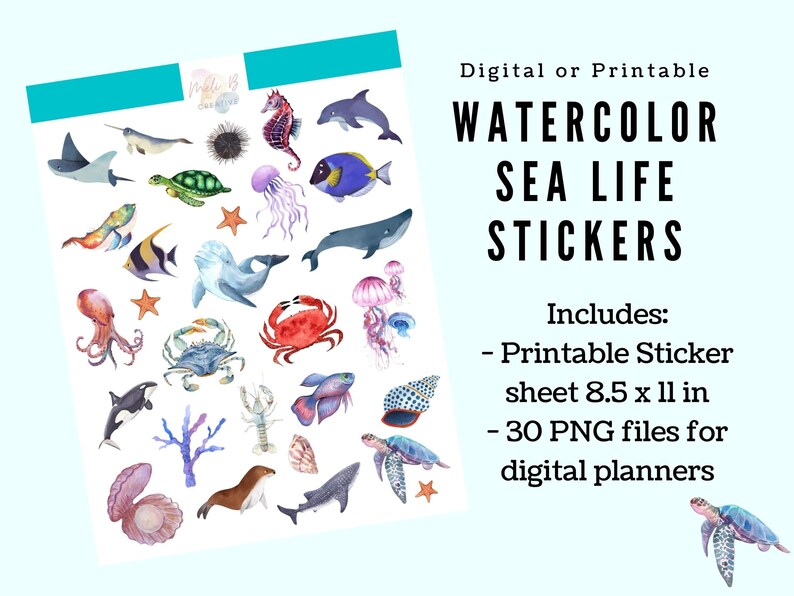 Watercolor Sea Life Stickers, Digital or Printable Sheets, for ...