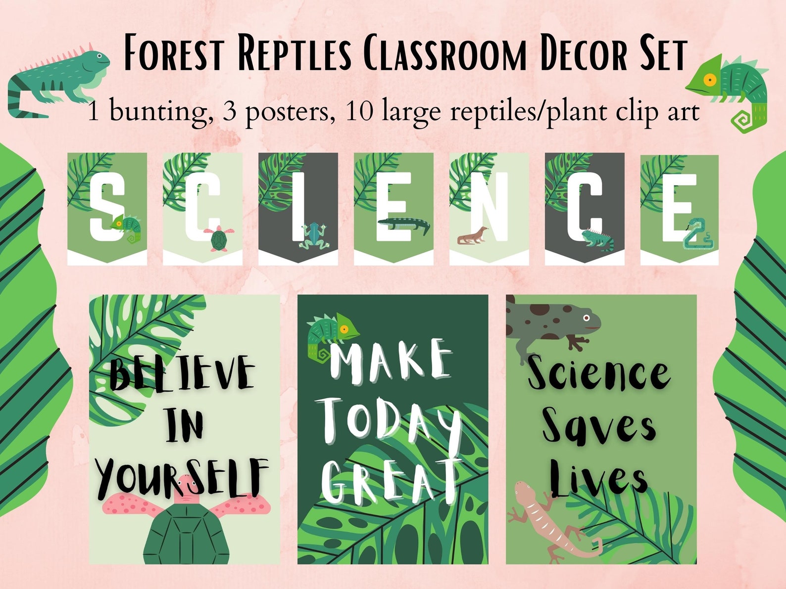 Forest Reptiles Science Classroom Decor Set, Green Classroom, Lizards ...