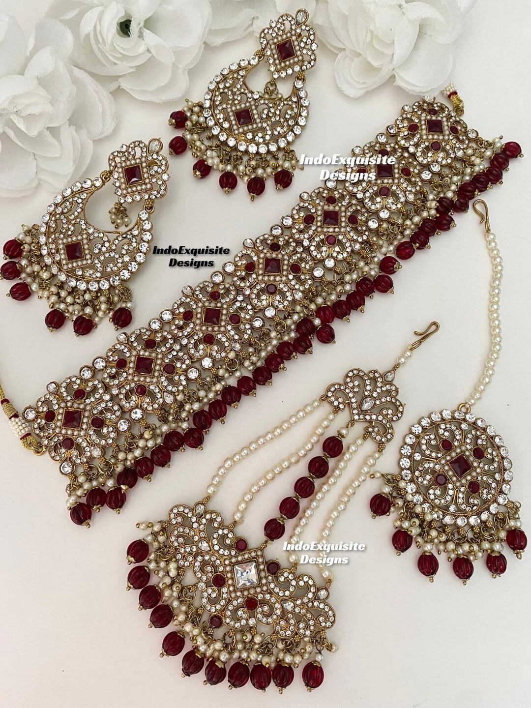 Antique Gold Base Pakistani Maroon Choker Set/pakistani Bridal Set With ...