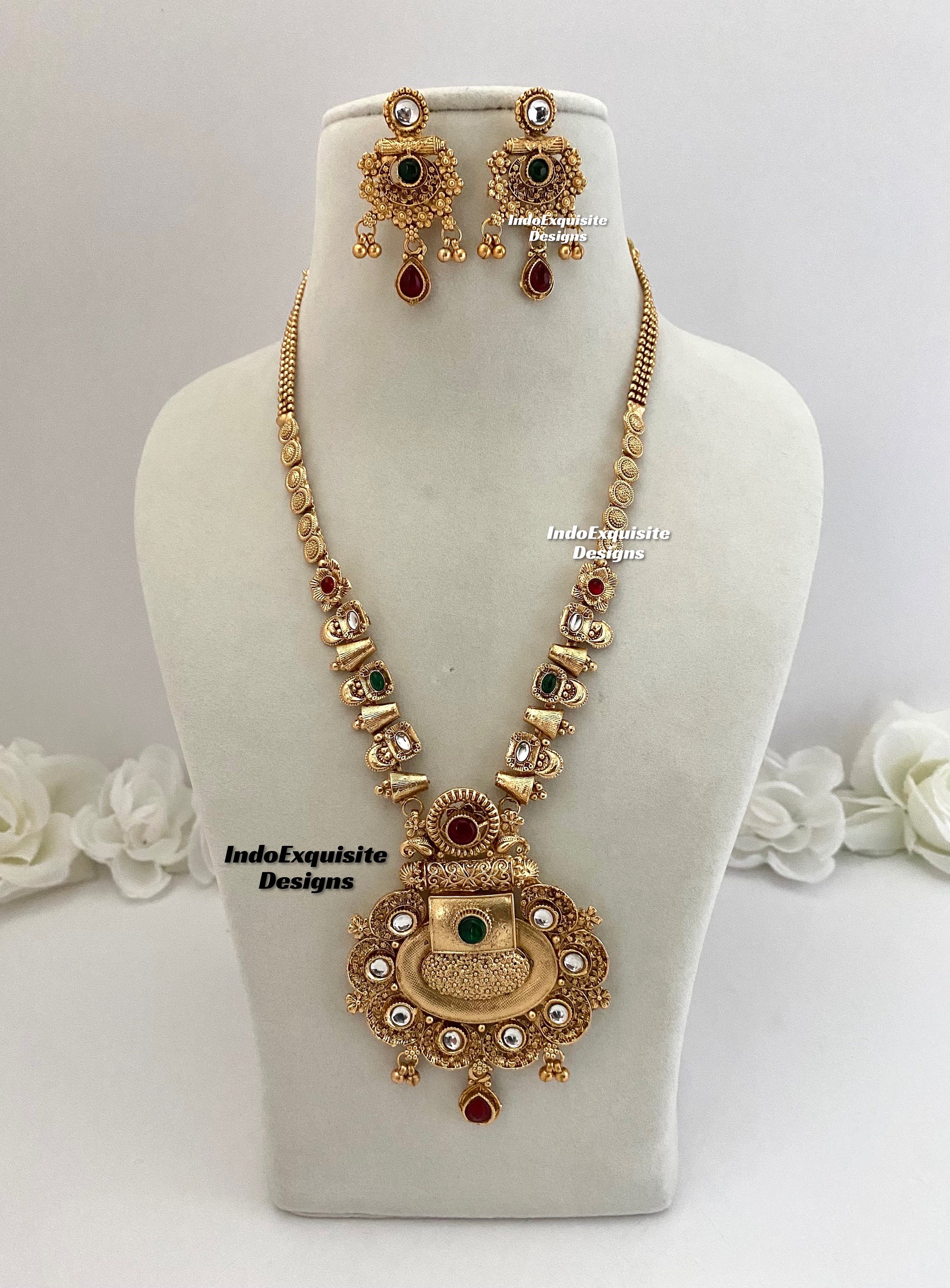 Matt Gold Finish Polki Kundan Long Necklace With Earrings /indian ...