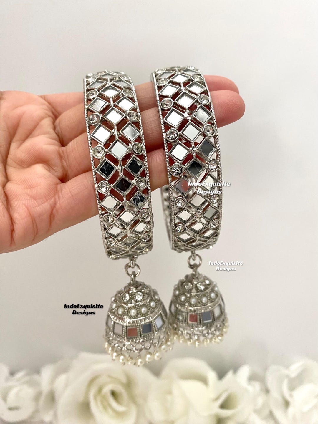 Bollywood Style Mirror Silver White Finish Jhumki Bangles Set(2 Piece ...