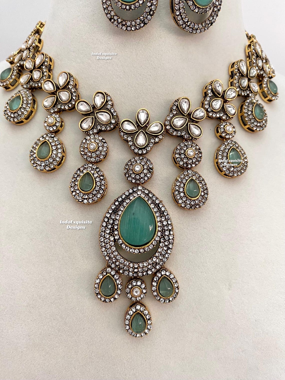 Mint Victorian Base Monalisa Stones Necklace Set/indian Jewelry/indian ...