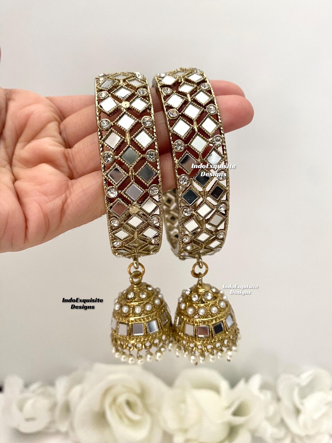 Bollywood Style Mirror Antique Gold Jhumki Bangles Set(2 Piece ...