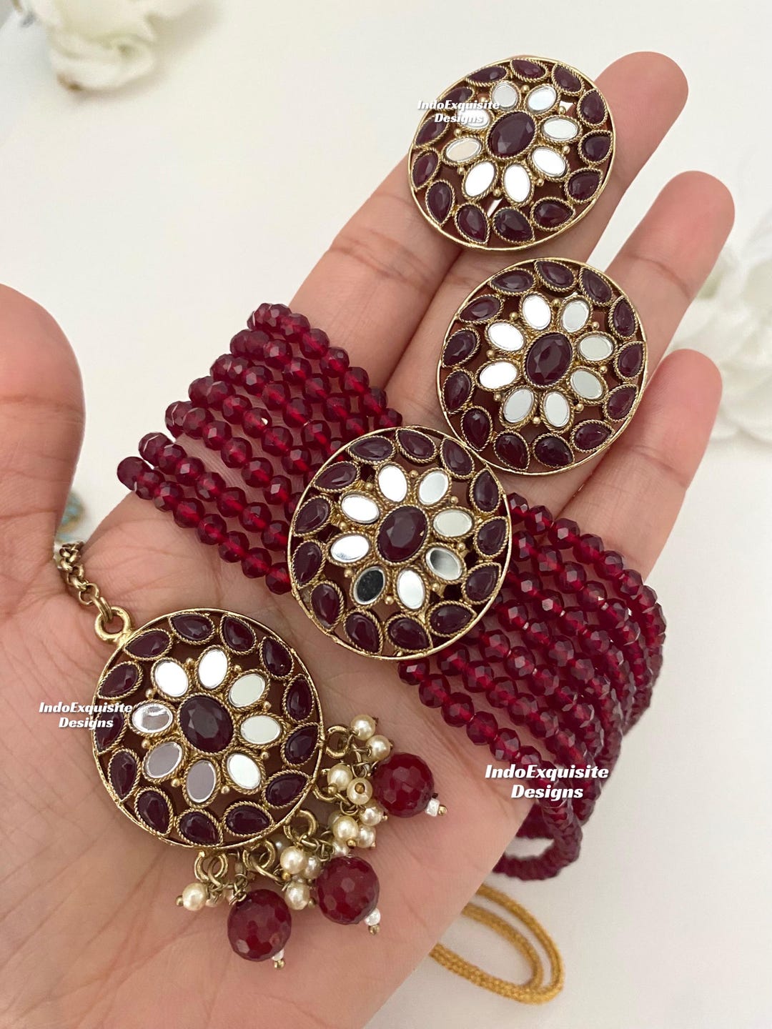Bollywood Style Mirror Pearls Choker Set /mirror Studs Choker Set ...