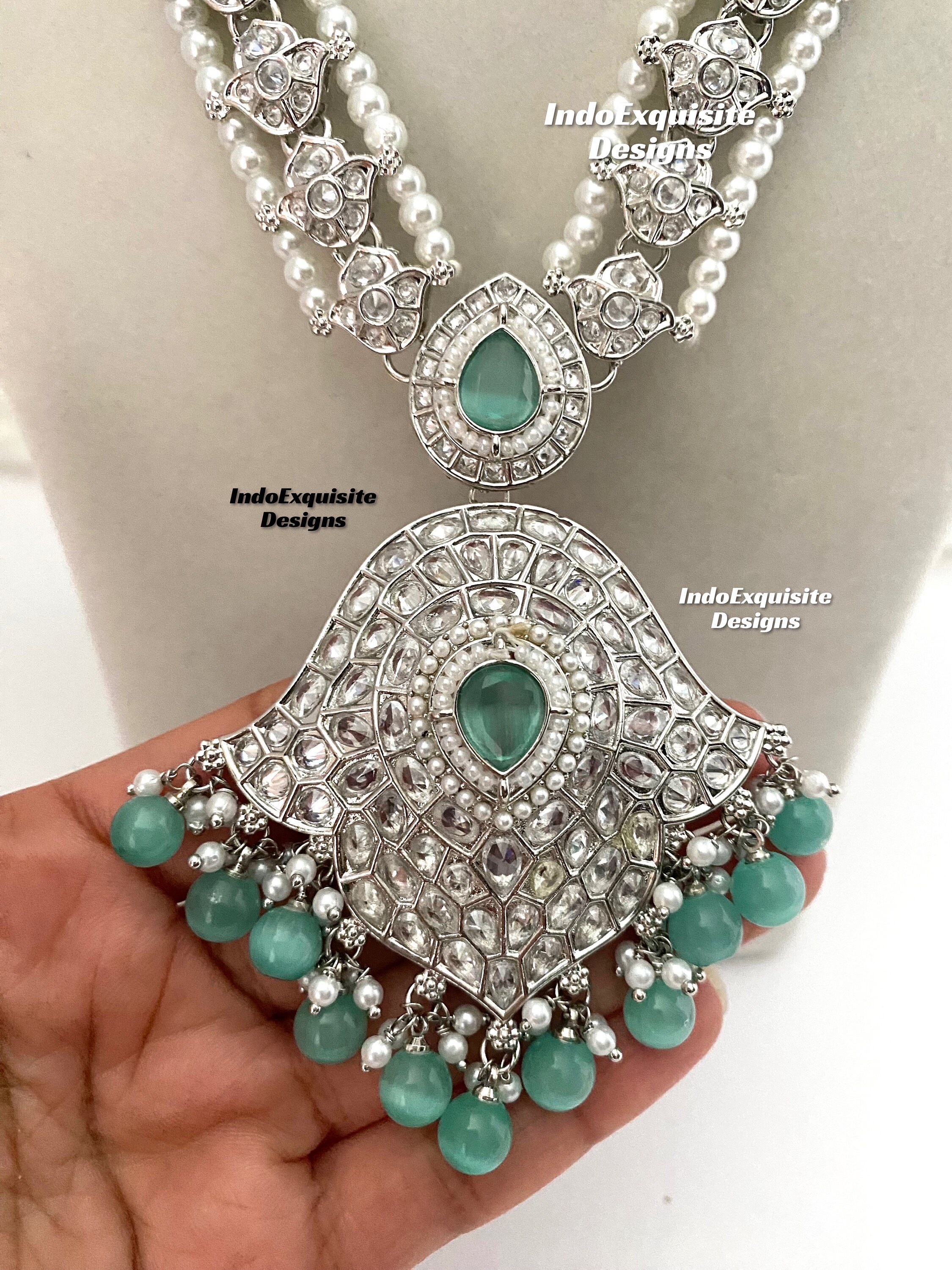 Silver Color Polki Raani Haar/mint Teal Color/indian Jewelry/ Bollywood ...
