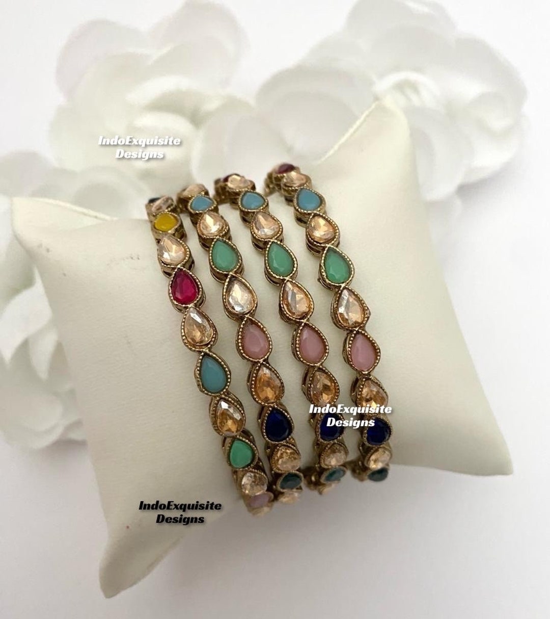 Antique Polki Multi Color Rainbow Bangles(set of 4)/kade/indian Wedding ...