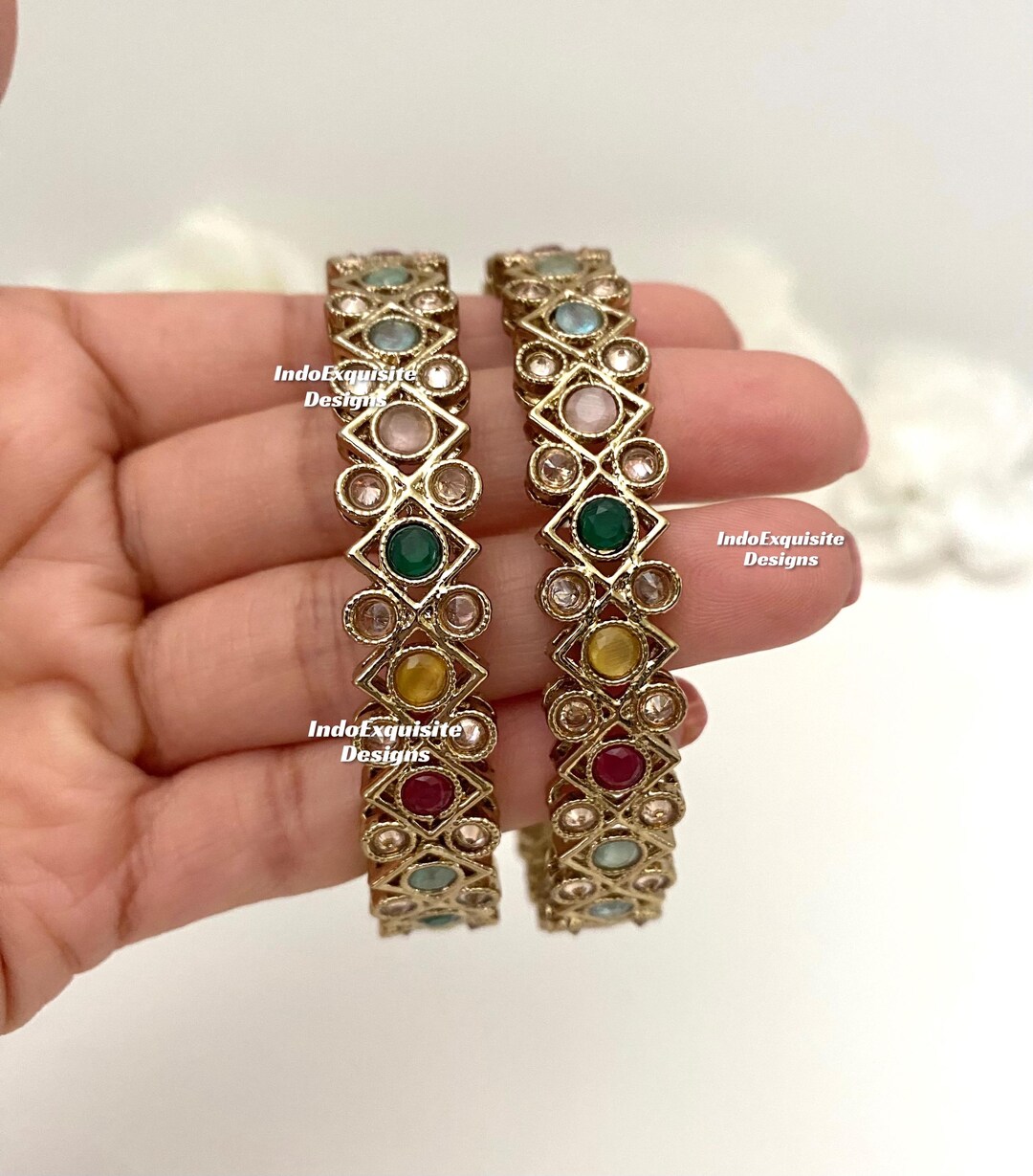 Premium Quality Antique Gold Polki Multi Color Bangles/rainbow Kade ...