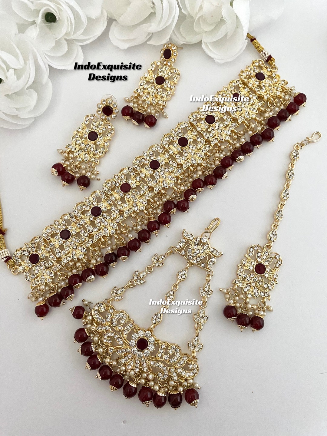 Gold Base Pakistani Maroon Choker Set/pakistani Bridal Set With Jhoomer ...