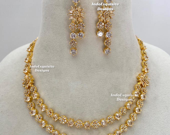 Golden Double Layer American Diamond Necklace Set / CZ Necklace/indian ...
