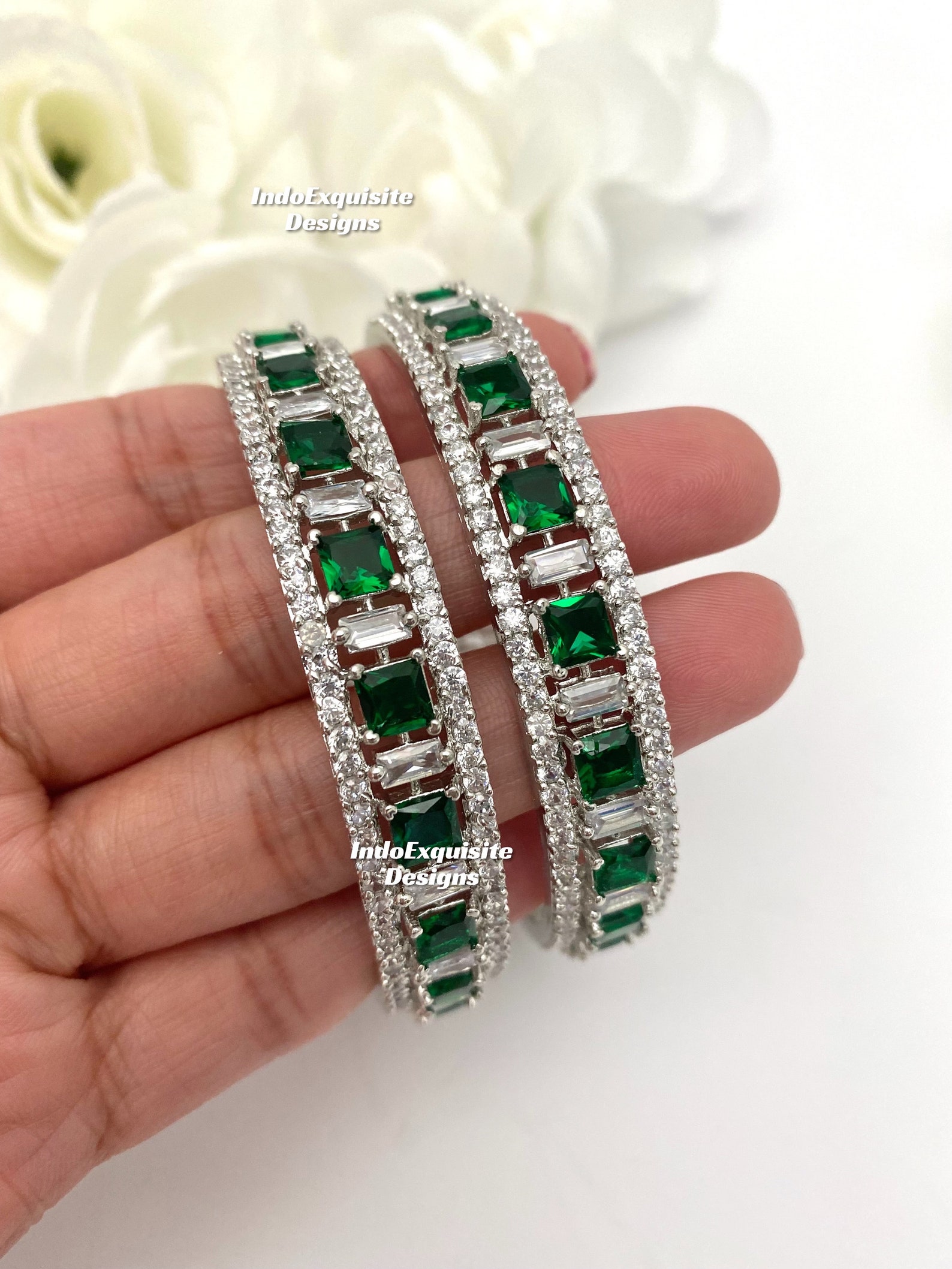 Silver Green American Diamond Kade/ad Kangan/cz Kangan/indian Wedding ...
