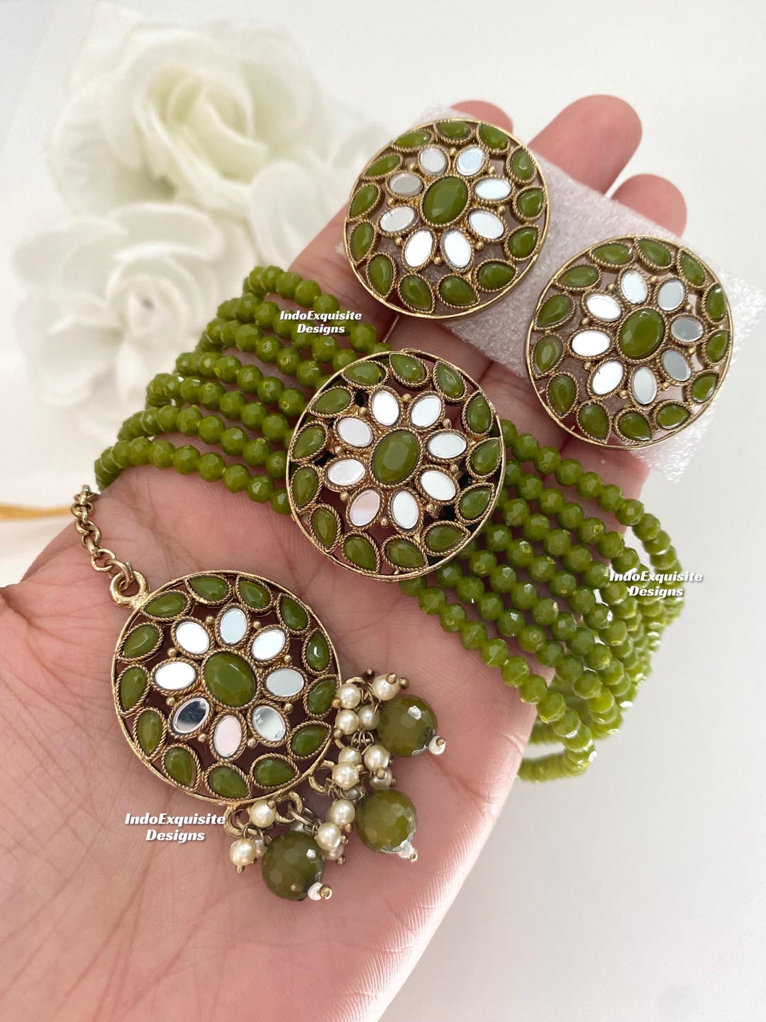 Bollywood Style Mirror Pearls Choker Set /mirror Studs Choker Set ...
