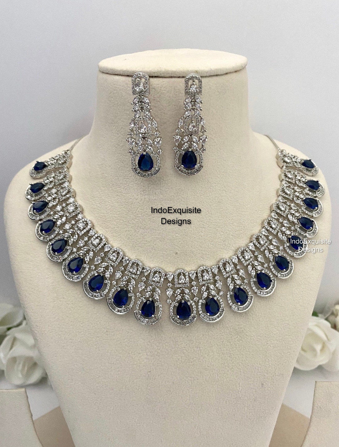 American Diamond Necklace Set in Silver & Navy Blue/cz Necklace/indian ...