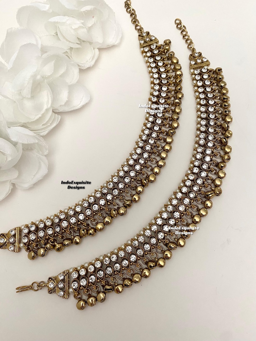 Antique Indian Ghungroo Anklets With Double Line White Stones/payal ...