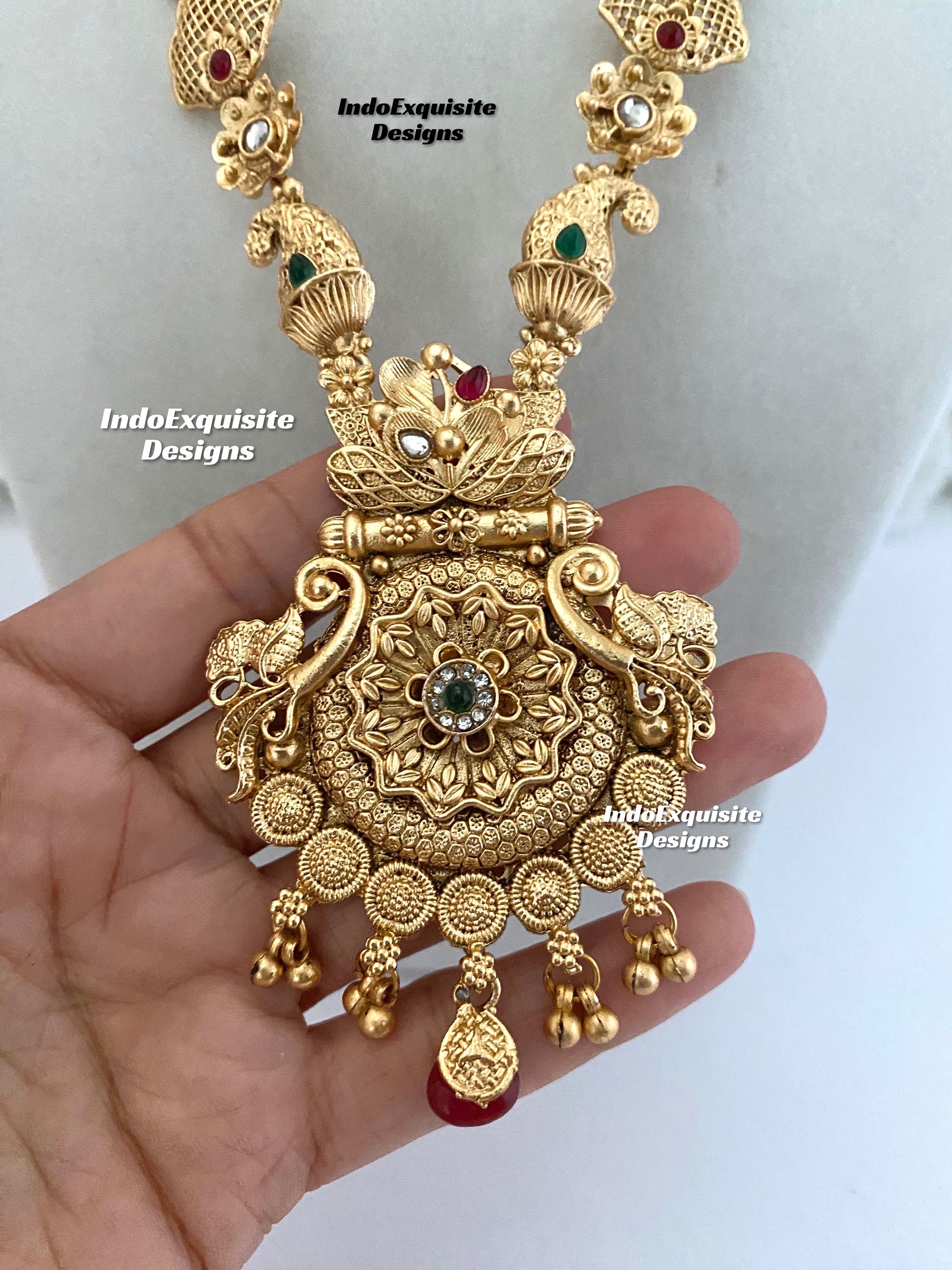 Matt Gold Finish Polki Kundan Long Necklace With Earrings /indian Jewelry/matt Finish Temple ...