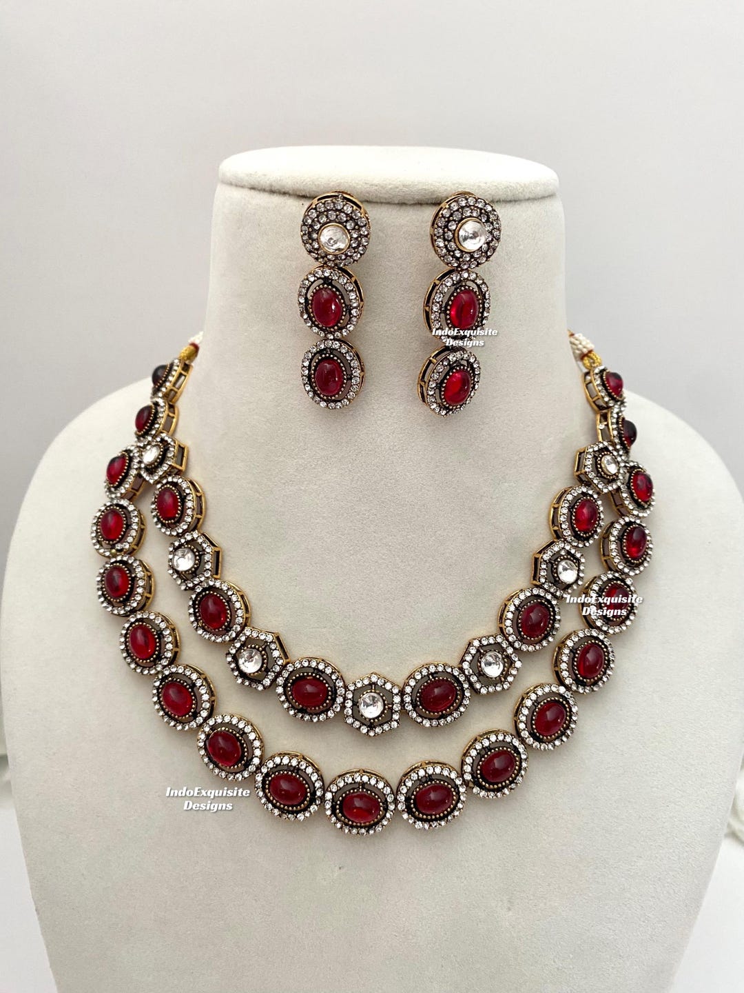 Maroon Victorian Base Monalisa Stones Double Layer Necklace Set/indian ...