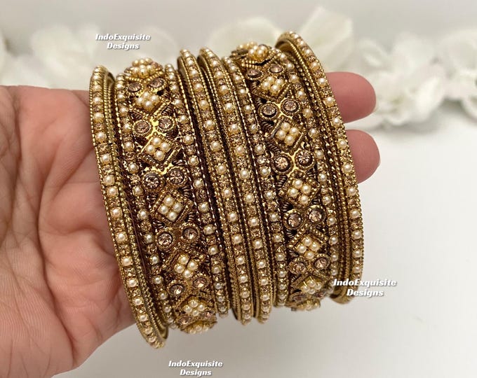 Antique Gold Bangles Set With Antique Gold Stones/pearls and Stones Kade Set/indian Wedding ...
