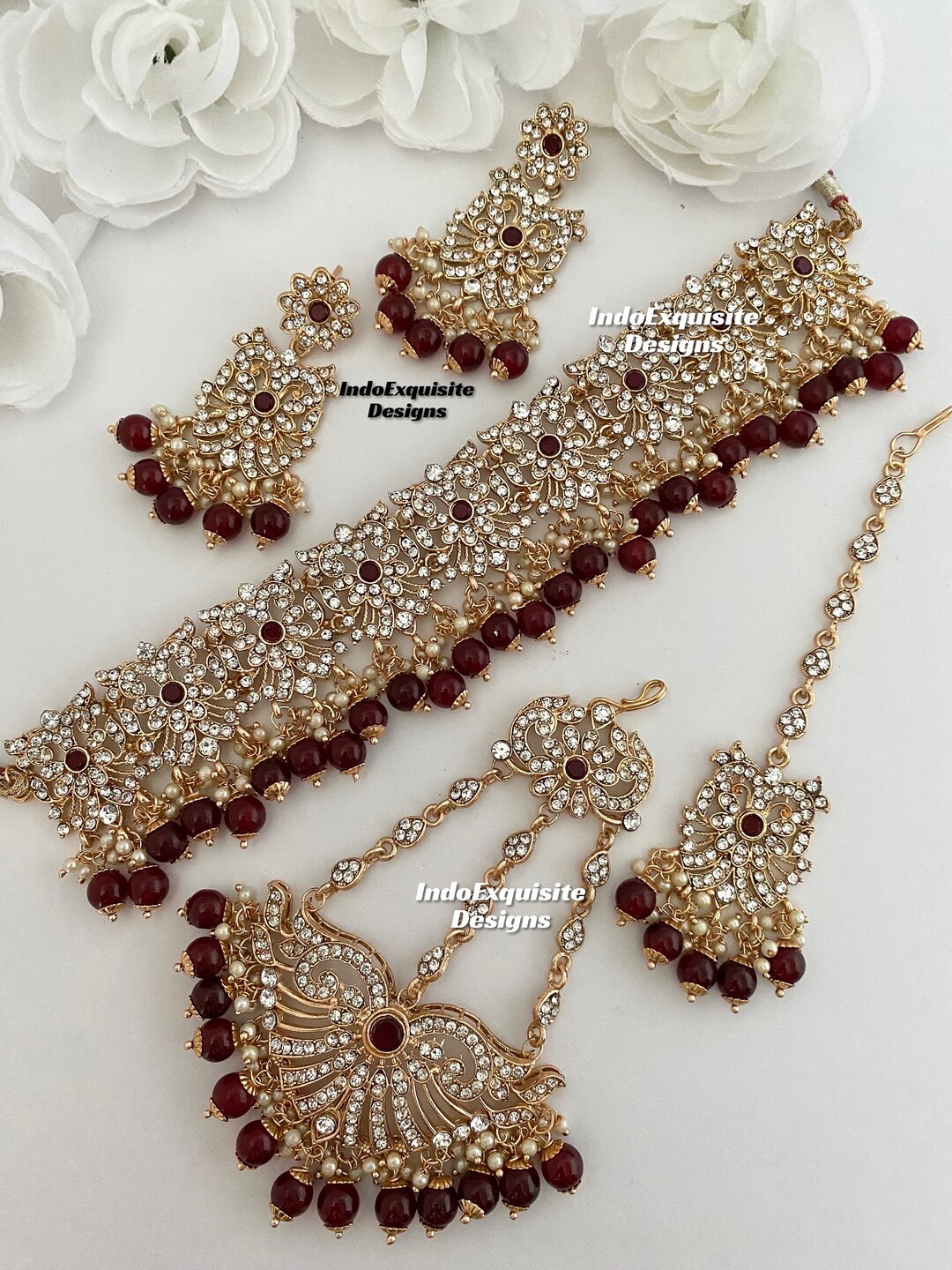 Rose Gold Base Pakistani Maroon Choker Set/pakistani Bridal Set With ...
