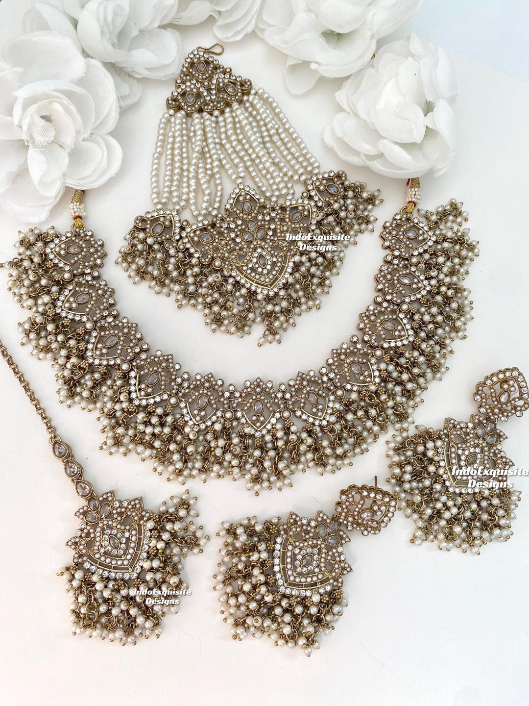 Elegant Antique Gold Base White Stones Pakistani Necklace Set/pakistani ...