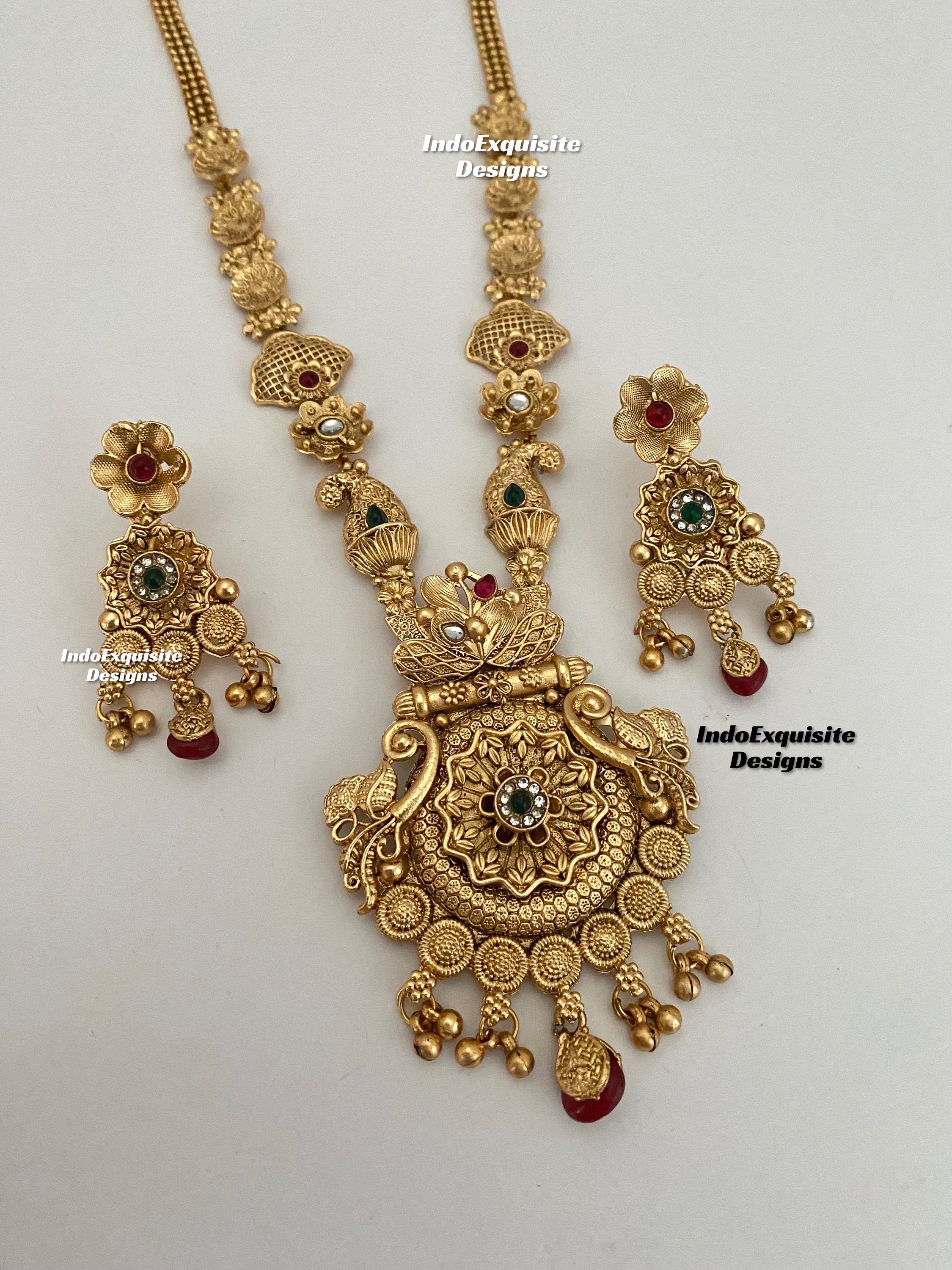 Matt Gold Finish Polki Kundan Long Necklace With Earrings /indian Jewelry/matt Finish Temple ...