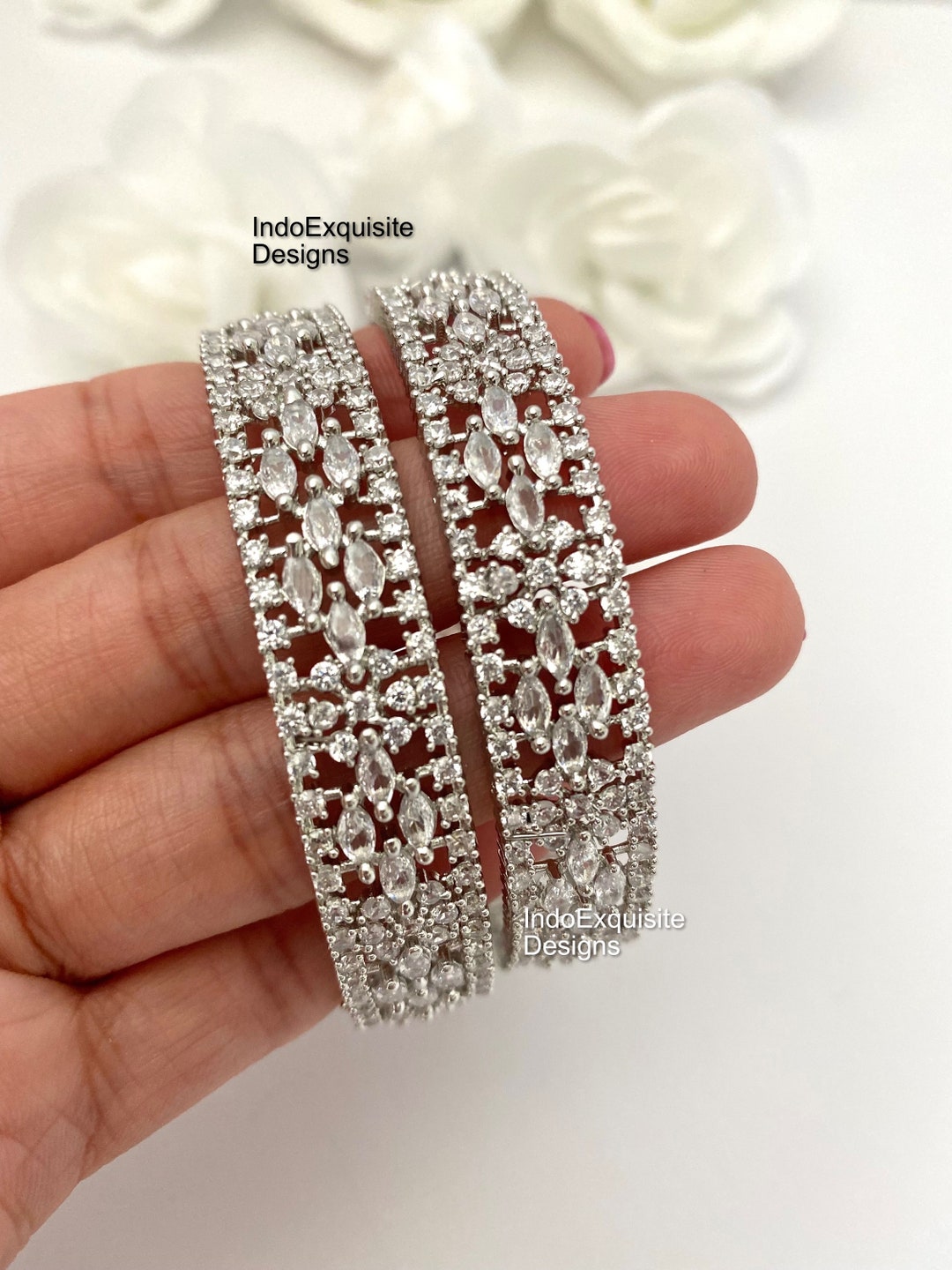 Silver American Diamond Kade in Pair/ad Kangan/cz Kangan/indian Wedding ...
